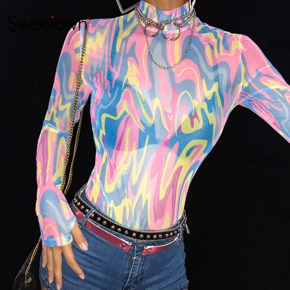 Tops | Colorful Trippy Long Sleeve Sheer Bodysuit | Poshmark
